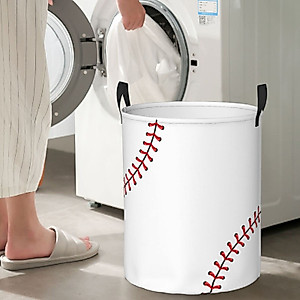 Red Stitching Baseball White Round Laundry Hamper Storage Basket Toys Clothes Organizer Bin For Home Bathroom Bedroom Dorm Nursery, 62L