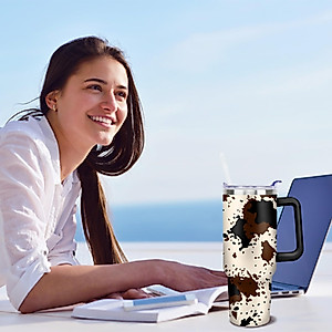 thmasamwr Cow Print Tumbler with Lid and Straw, Stainless Steel 40oz Tumbler with Handle, Cow Print Travel Coffee Mug Water Bottle, Highland Cow Gifts Cups for Women and Girls