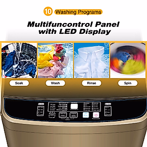 rosmena Portable Washing Machine, 25 LBS Full Automatic Apartment Washer with 10 Programs & 8 Water Levels, Low Noise Clothes Washing Machines with LED Display for Camping, Apartment(Gold)