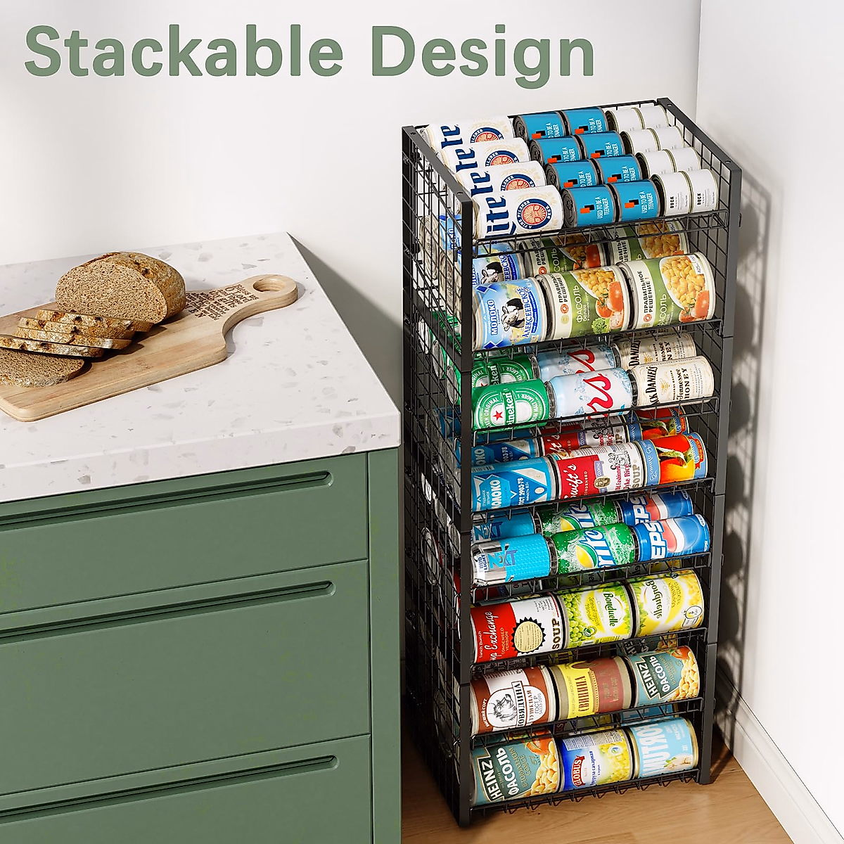 JKsmart 4-Tier Stackable Can Rack Organizer for Pantry, Adjustable Can Dispenser Holds Up to 62 Cans, Can Storage Holder for Various Ounces of Canned Food Soda Drinks, Black