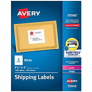 Avery Printable Shipping Labels with Sure Feed, 3-1/3" x 4", White, 1,500 Blank Mailing Labels (95940)
