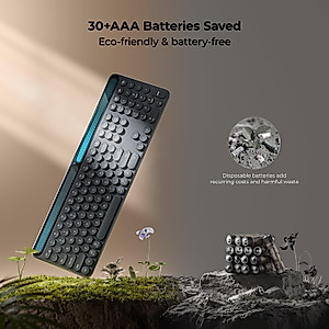 iClever Solar Bluetooth Keyboard, Wireless Keyboard with Solar & Indoor Light Charging, Full Size, 3-Device Connectivity, Silent Scissor Round Keys, Numeric Keypad for Office/Home/Mac/Windows