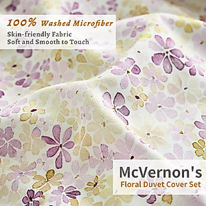 McVernon's Floral Duvet Cover Twin Size, 2 Pcs Purple-Pink Duvet Cover for All Season, Soft, Breathable ＆ Durable Bedding Sets with Zipper Closure and Ties, 1 Duvet Cover and 1 Pillow Shams