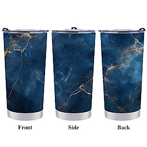 DuduYH 20 Oz Tumbler Travel Cup Elegant Blue Marble Textures Water Bottle, Stainless Steel Vacuum Insulated Coffee Mug with Straw Lid And Cleaning Brush