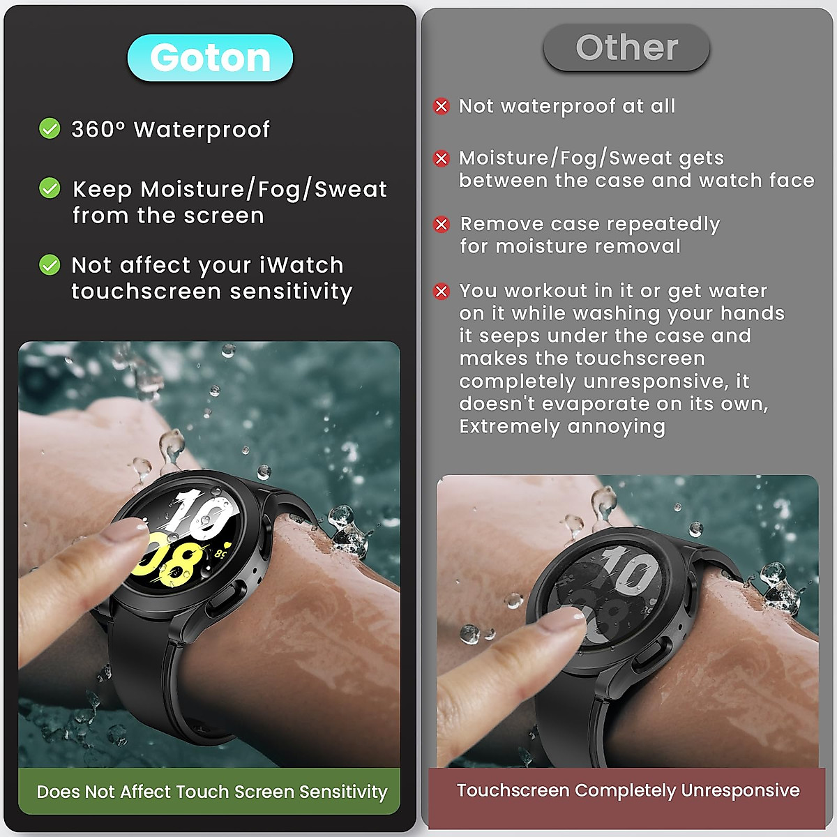 [2 in 1] Goton Waterproof Case for Samsung Galaxy Watch 5 4 44mm, 360° Protective Hard PC Front & Back Bumper with HD Tempered Glass Screen Protector for Galaxy Watch Cover Accessories, Black