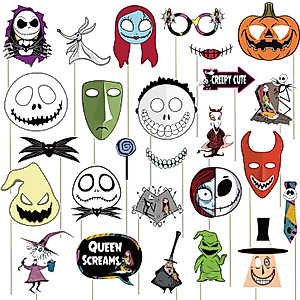 30PCS Nightmare Before Christmas Party Photo Booth Props with Stick,Nightmare Before Christmas Birthday Party Supplies,Party Selfie Props,Jack and Sally Halloween Backdrop Party Decorations.