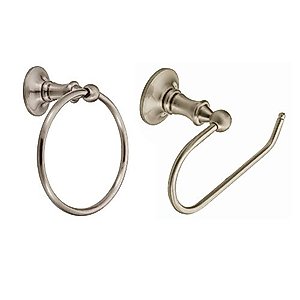 Moen DN6708BN Danbury Toilet Paper Holder, Brushed Nickel with Moen DN6786BN Danbury Collection European Single Post Bathroom Hand Towel Ring, 1 Pack, Brushed Nickel