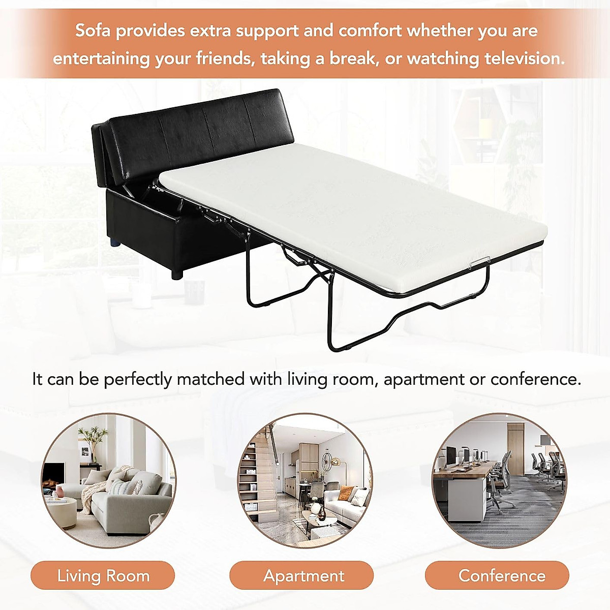 Elountik Ottoman Folding Bed，Fold Out Sleeper Bed with Mattress, Convertible Guest Sofa Bed, Twin Size Couch Sleeper for Living Room Bedroom Office (Black, PU)