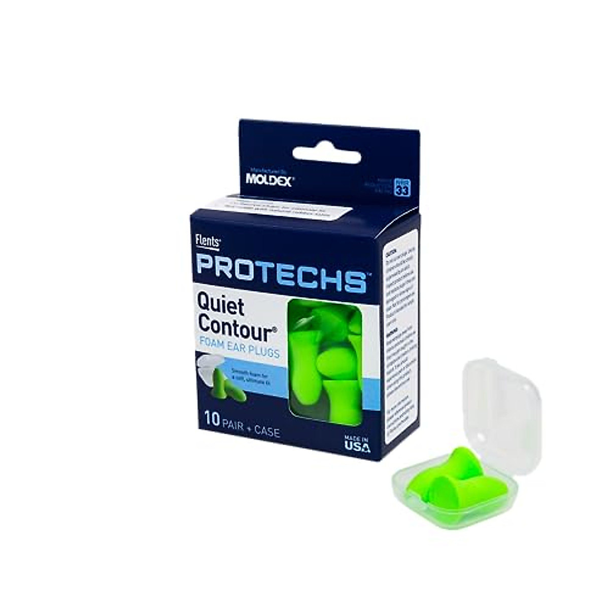 Flents Foam Ear Plugs, 10 Pair with Case for Sleeping, Snoring, Loud Noise, Traveling, Concerts, Construction, & Studying, NRR 33, Green, Made in the USA