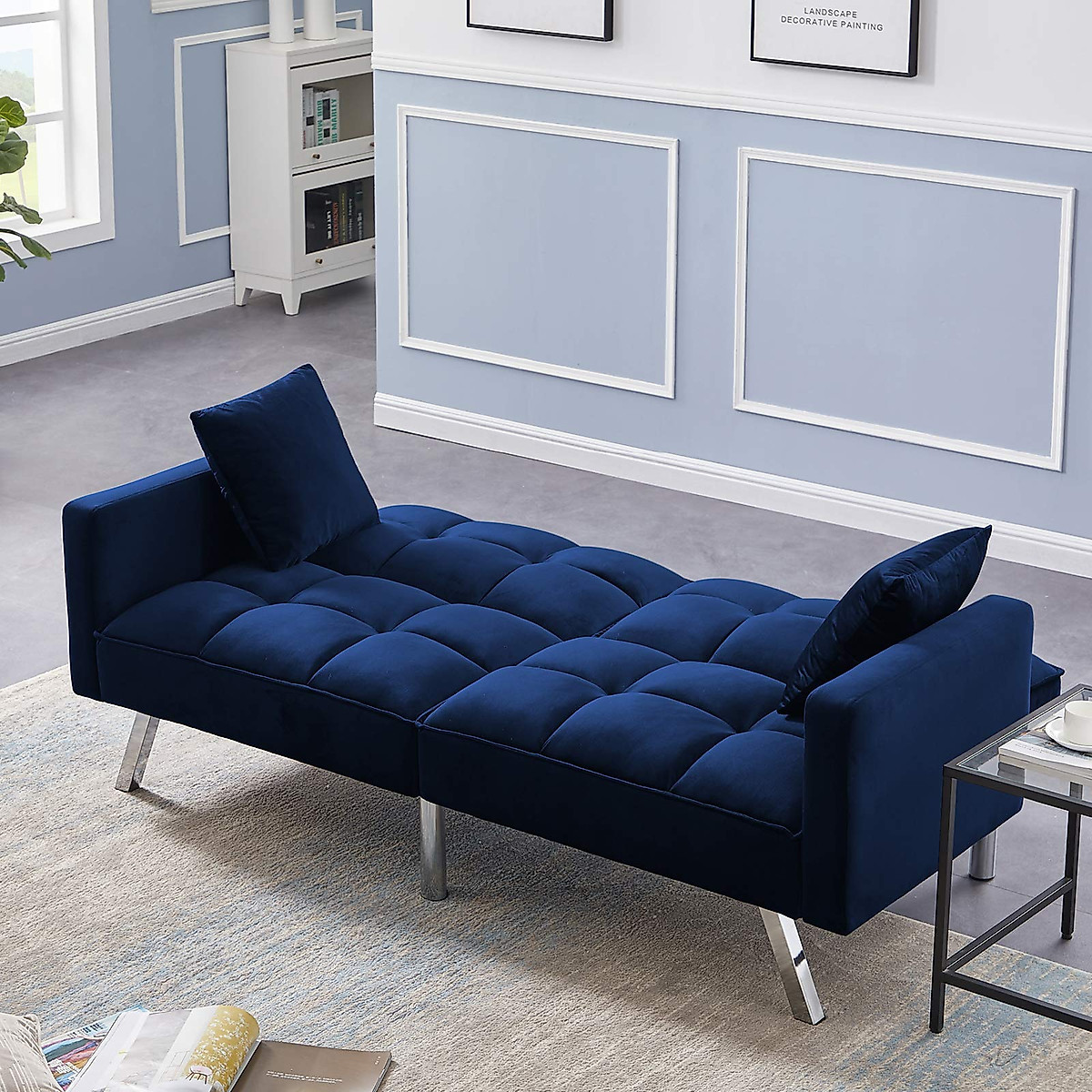 Olela Sleeper Sofa Bed Modern Tuft Futon Couch Convertible Loveseat Sleeper Reclining Sofa Bed Twin Size with Arms and 2 Pillows for Living Room, Navy Blue
