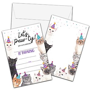 Cat Birthday Invitations with Envelopes - Kitty Cat Birthday Party Invitation Card - Let's Paw-ty Fill-in Invites Cards - Cute Pet Party Celebration (20 Pack)-25