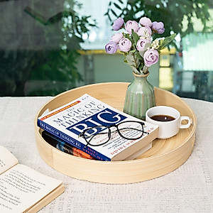 Round Serving Tray with Handles Bamboo Trays Serving Large Decorative Tea Trays for Coffee Table Bar Home Decor Bathroom Centerpieces Outdoor Organizing Tray for Vanity Fruit Set 2 (Bamboo Natural)