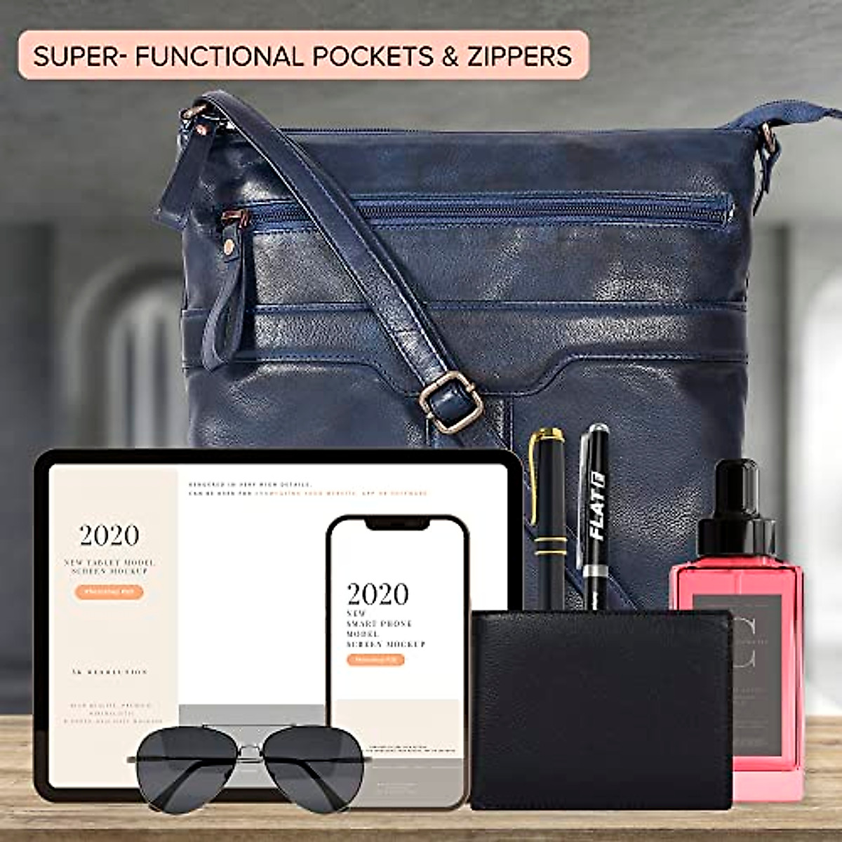 Leather Crossbody Bags for Women - Ladies Sling Handbags - Medium Cross body Purses Handbags - Purses For Women (Blue Classic)