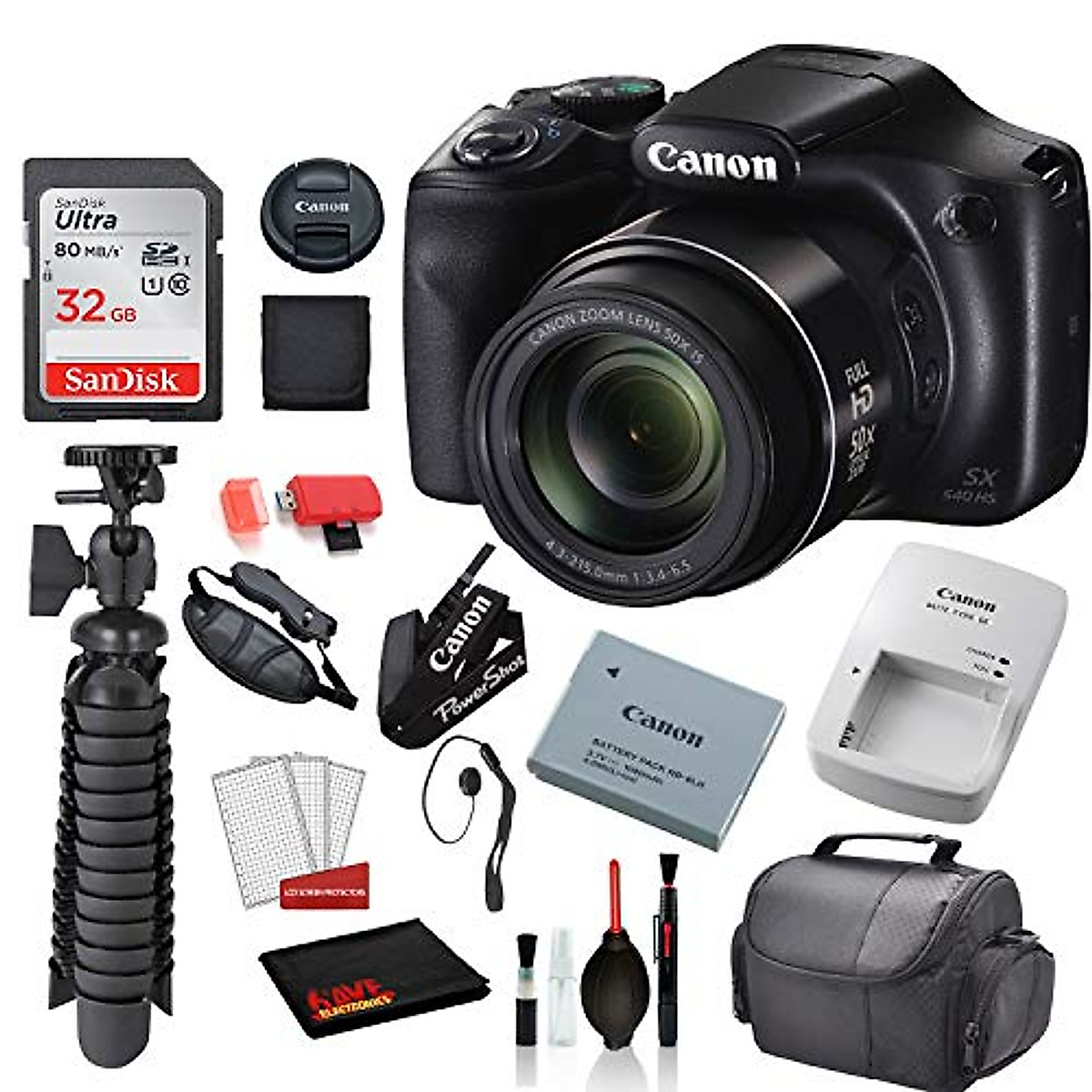 Canon PowerShot SX540 HS Digital Camera (1067C001) with Accessory Bundle Package SanDisk 32gb SD Card + Deluxe Cleaning Kit + 12" Tripod + More (Renewed)