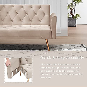 KINFFICT Velvet Futon Sofa Bed with 2 Pillows, Convertible Sleeper Sofa Couch with 3 Angle Adjustable Backrest, Modern Loveseat with 4 Golden Metal Legs for Living Room and Bedroom (Beige)