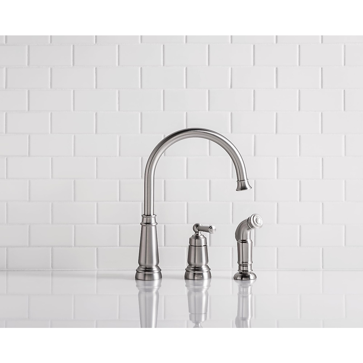 Moen Spot Resist Stainless One-Handle High Arc 4-hole Kitchen Faucet with Side Sprayer and Soap Dispenser, 87042SRS