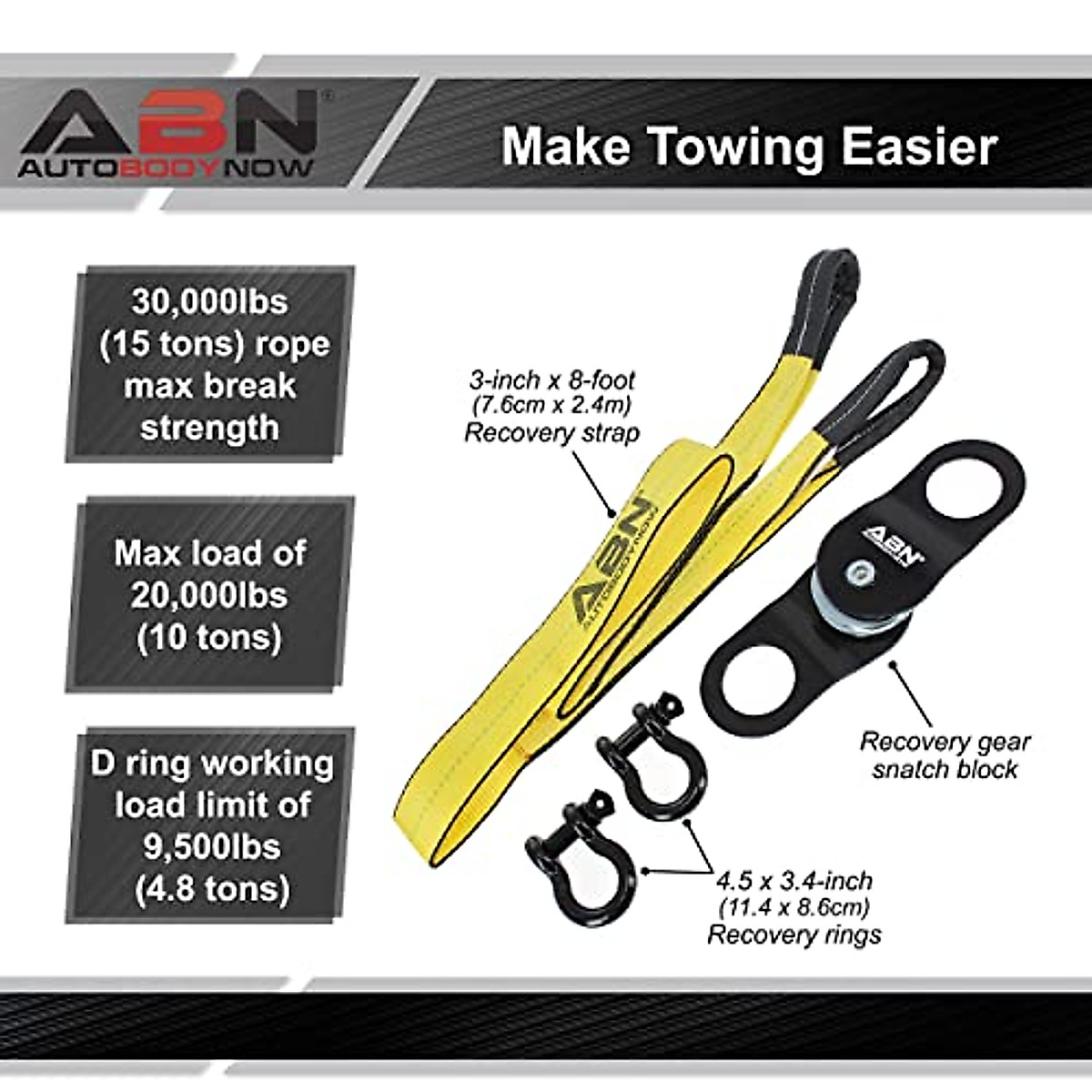 ABN Offroad Recovery Kit - 8ft Tow Strap with Winch Accessories 20,000lbs Snatch Block and 2pk D Ring Shackles