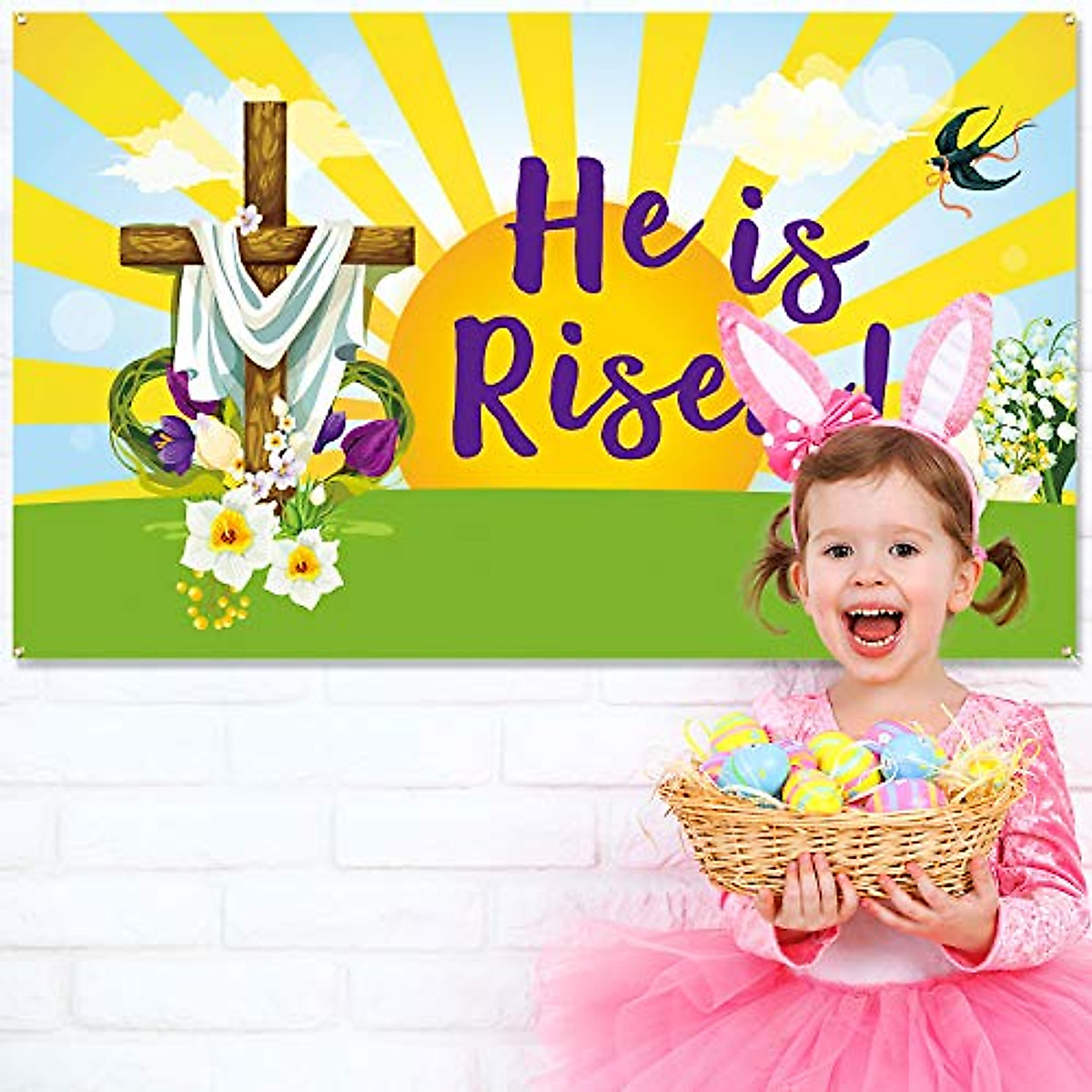 Happy Easter Jesus Backdrop Easter Jesus He Is Risen Background Banner Easter Resurrection Background for Easter Day Celebration Party Decor Banner Portrait Photo Easter Party Supplies, 6 x 4 ft