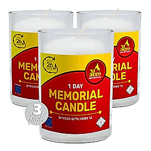 Ner Mitzvah Yahrzeit Memorial Candles - 1 Day Yahrzeit Candle - Yartzeit Candles 24 Hour Yom Kippur Jewish Candles in Glass Tumbler - 3 Pack