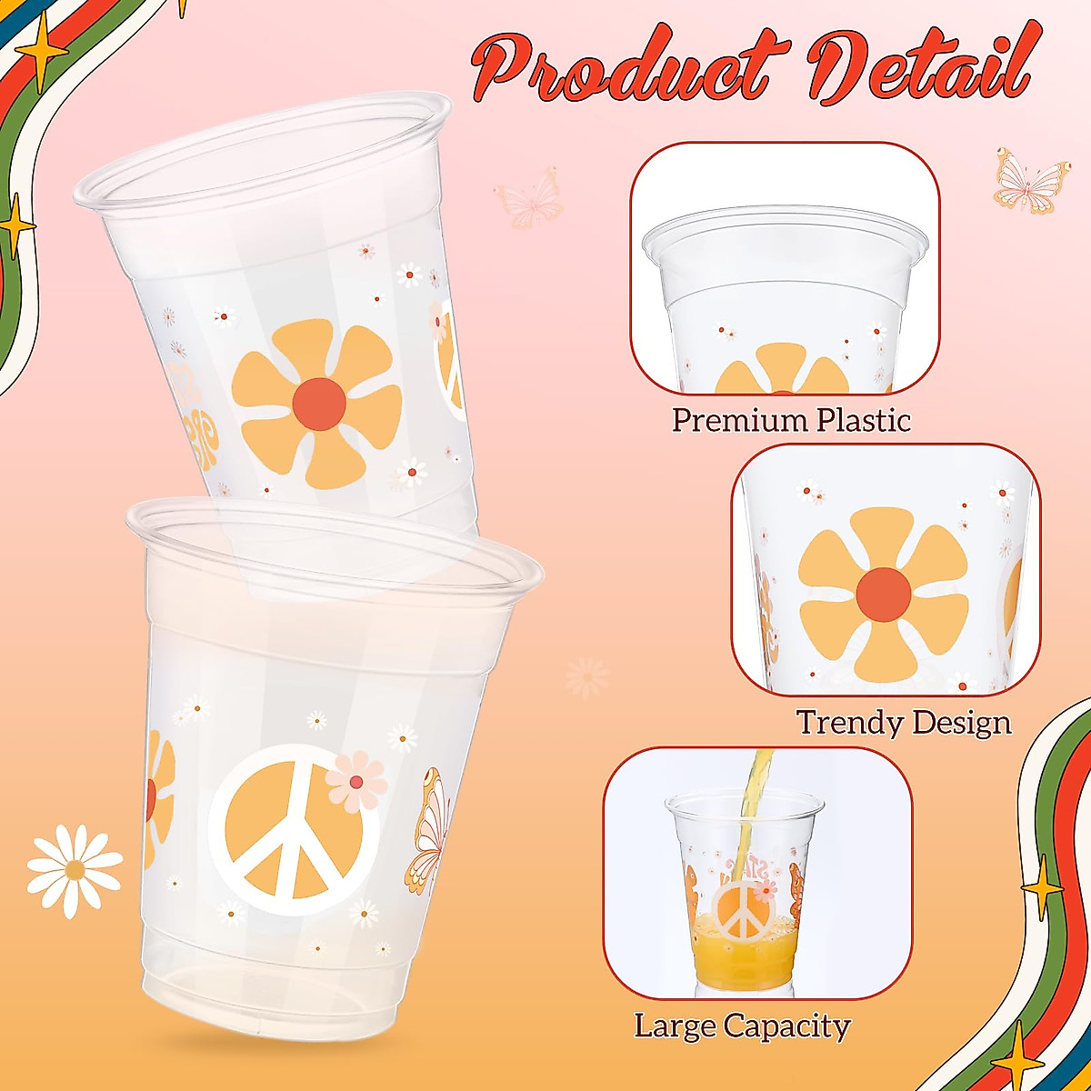 Sliner 50 Pcs Groovy Party Plastic Cups with Straws 12 oz Boho Retro Hippie Disposable Clear Cups Daisy Flower Cold Beverage Drinking Cups for Birthday Wedding Baby Shower Party Decoration Supplies