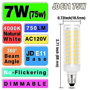 JDE11 Led Bulbs 120V 75W Halogen Candelabra Bulbs Equivalent Dimmable,T3 T4 Mini Base JD E11 Bulb, 4000K Natural White 7W 750 lm E11 Bulb for Chandeliers,Candelabra,Ceiling Fan,Cabinet Lighting,2Pack