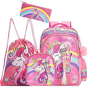 Meetbelify Unicorn Backpack for Girls School Backpacks Kids Cute Bookbag with Lunch Box,Drawstring Bag for Elementary Preschool Students 5 in 1 Pink Backpack Set