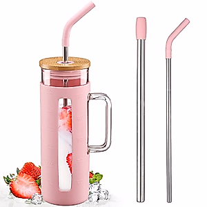 Kodrine Tumbler with Lid and Straw, 20 oz Glass Coffee Tumbler with Handle, Smoothie Cup with Bamboo Lid | Time Marker | Silicone Protective Sleeve, BPA Free -Pink