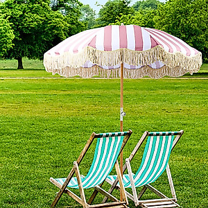 HM&DX Pink Patio Umbrella with White Tassels,7 Ft Outdoor Table Umbrella Button Tilt,Round Outdoor Umbrella 8 Sturdy Ribs,Sun Shade Rainproof Garden Umbrella