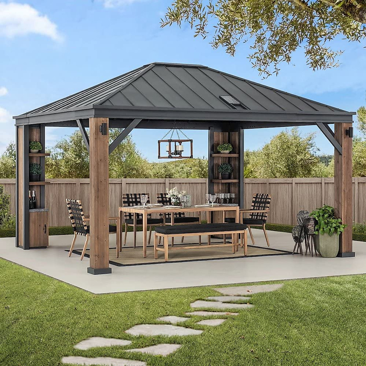 Sunjoy 12 x 14 ft. Hardtop Gazebo with Solar Powered, Cedar Wood Framed Steel Hardtop Gazebo with LED Lighting, Bluetooth Sound and Storage Racks by SummerCove