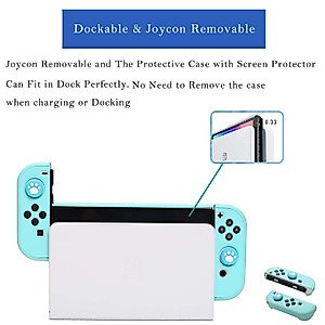 GUTIAL Dockable Case for Nintendo Switch OLED Model 2021 - Cute Protective Cover Case for Nintendo Switch OLED 7 Inch and Joy-Con Controller with Screen Protector and Thumb Grips - Cyan