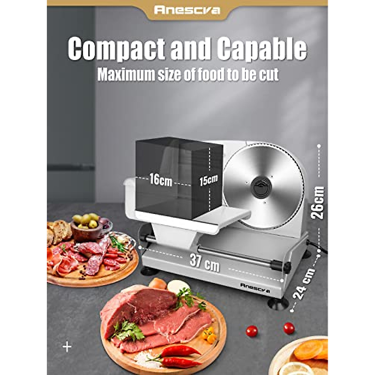 Meat Slicer, Anescra 200W Electric Deli Food Slicer with Two Removable 7.5’’ Stainless Steel Blades and Food Carriage, 0-15mm Adjustable Thickness Meat Slicer for Home, Food Slicer Machine- Black