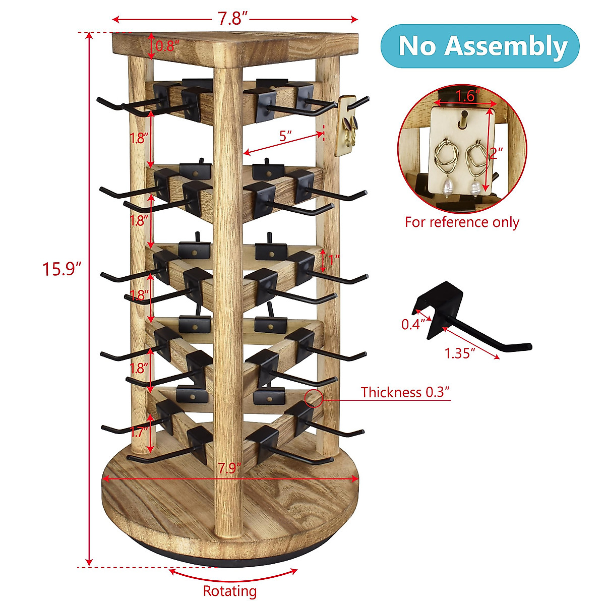 Ikee Design Wooden Rotating Jewelry Display Stand Tower With 30 Removable Hooks,Spinning Earring Card Storage Display Holder Stand for Store,Showcase,Tradeshow and Home,Oak Color
