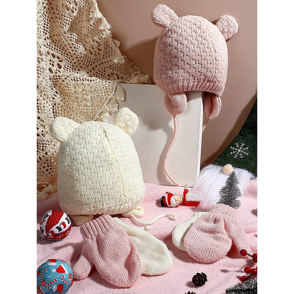 SATINIOR 2 Sets Baby Winter Beanie Hat Gloves Cute Bear Earflap Caps (White, Pink)