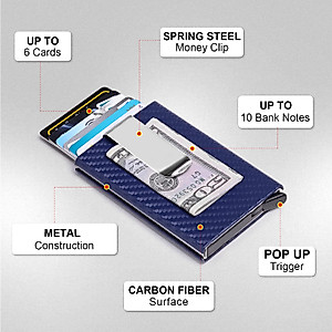 SLUKULU Slim Wallet for Men with Money Clip and Credit Card Holder, RFID Blocking Carbon Fiber Wallet,Minimalist Pop-Up Metal Front Pocket Wallet.(Blue)