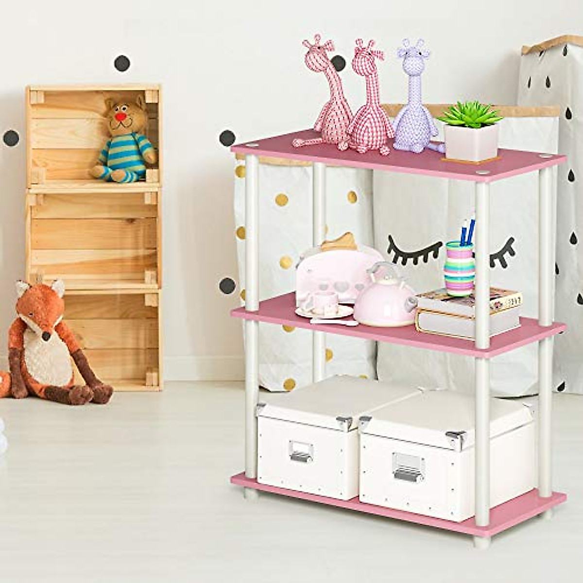 Furinno Turn-N-Tube 3-Tier Compact Multipurpose Shelf Display Rack, Pink/White