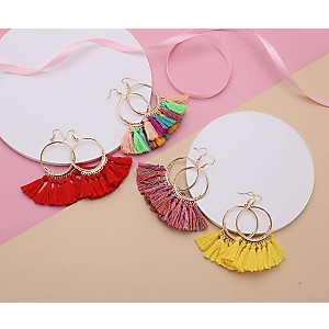 LANTAI 12 Pairs Bohemian Tassel Earrings for Women Trendy Colorful Fringe Summer Beach Statement Earrings