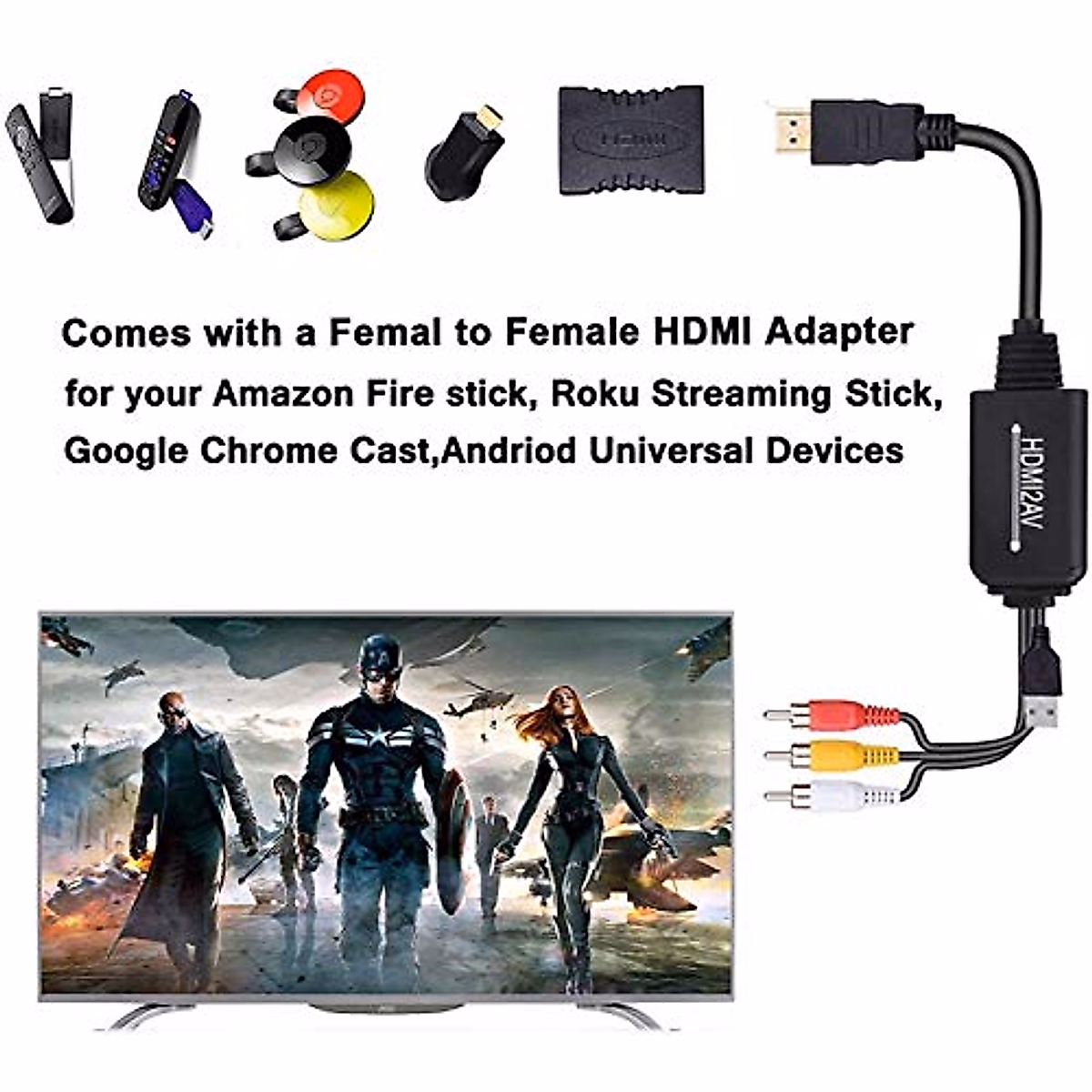 HDMI to RCA Converter, HDMI to RCA Cable, 1080P HDMI to AV Adapter Cable Supports NTSC for TV Stick, Roku, Chromecast, Apple TV, PC, Laptop, Xbox, HDTV, DVD Etc