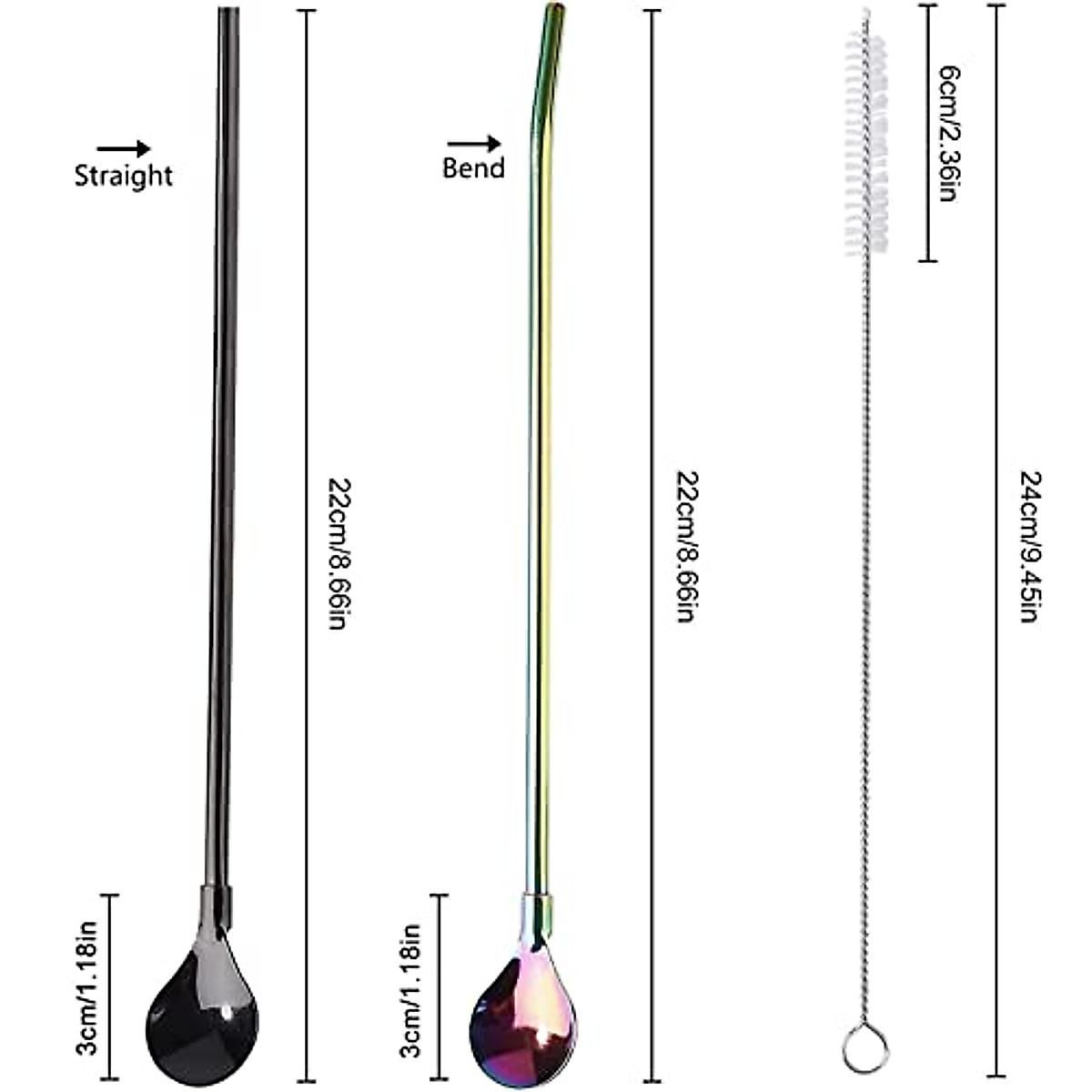 14Pcs Straws Spoon, BetterJonny Stainless Steel Drinking Spoon Straws 2 in 1 Long Handle Reusable Straws Spoon with 2 Cleaning Brushes for Latte Macchiato (7 Color)