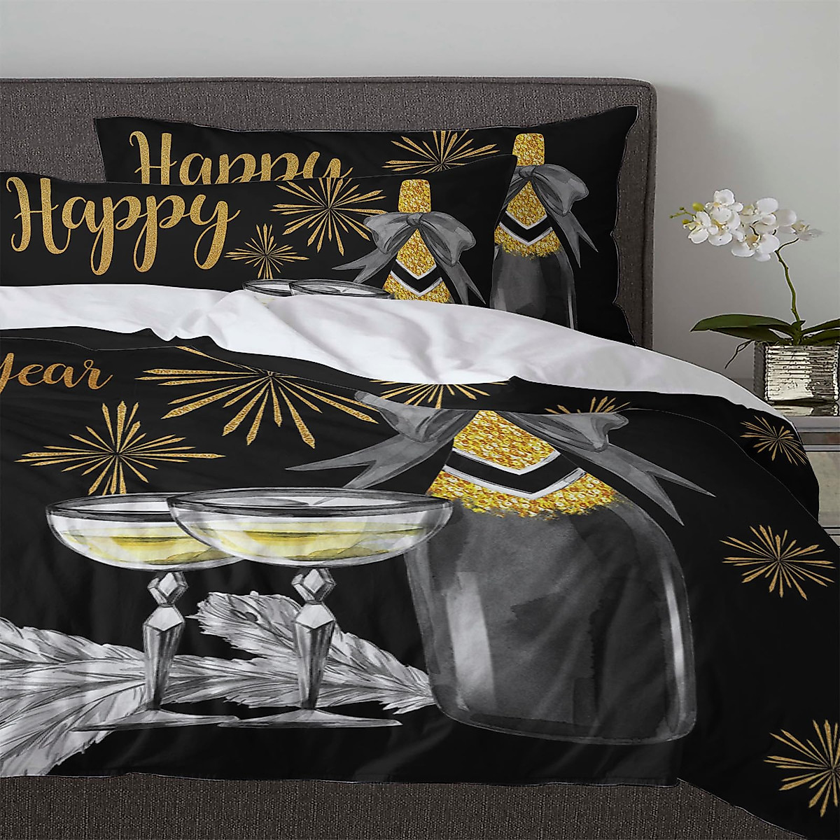 ZOE GARDEN Happy New Year Bed Duvet Cover Queen Size, Washed Patterned Textured Duvet Cover Sets with Zipper & Tiers, Microfiber Soft Comforter Thick Luxury Quilt Cover Black Gold Silver