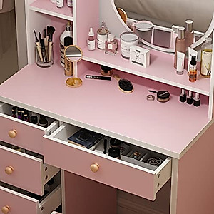 AIEGLE Vanity Desk Set with Round Mirror, Makeup Dressing Table with Shelves & Cushioned Stool, Vanity Desk & Vanity Stool Set, Pink (31.5" W x 15.7" D x 52" H)