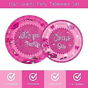96 Pcs Let's Go Party Pink Plates and Napkins Party Supplies Kids Girls Bachelorette Bridal Shower Hot Pink Princess Happy Birthday Tableware Set Disco Table Decorations Favors Serves 24 Guests