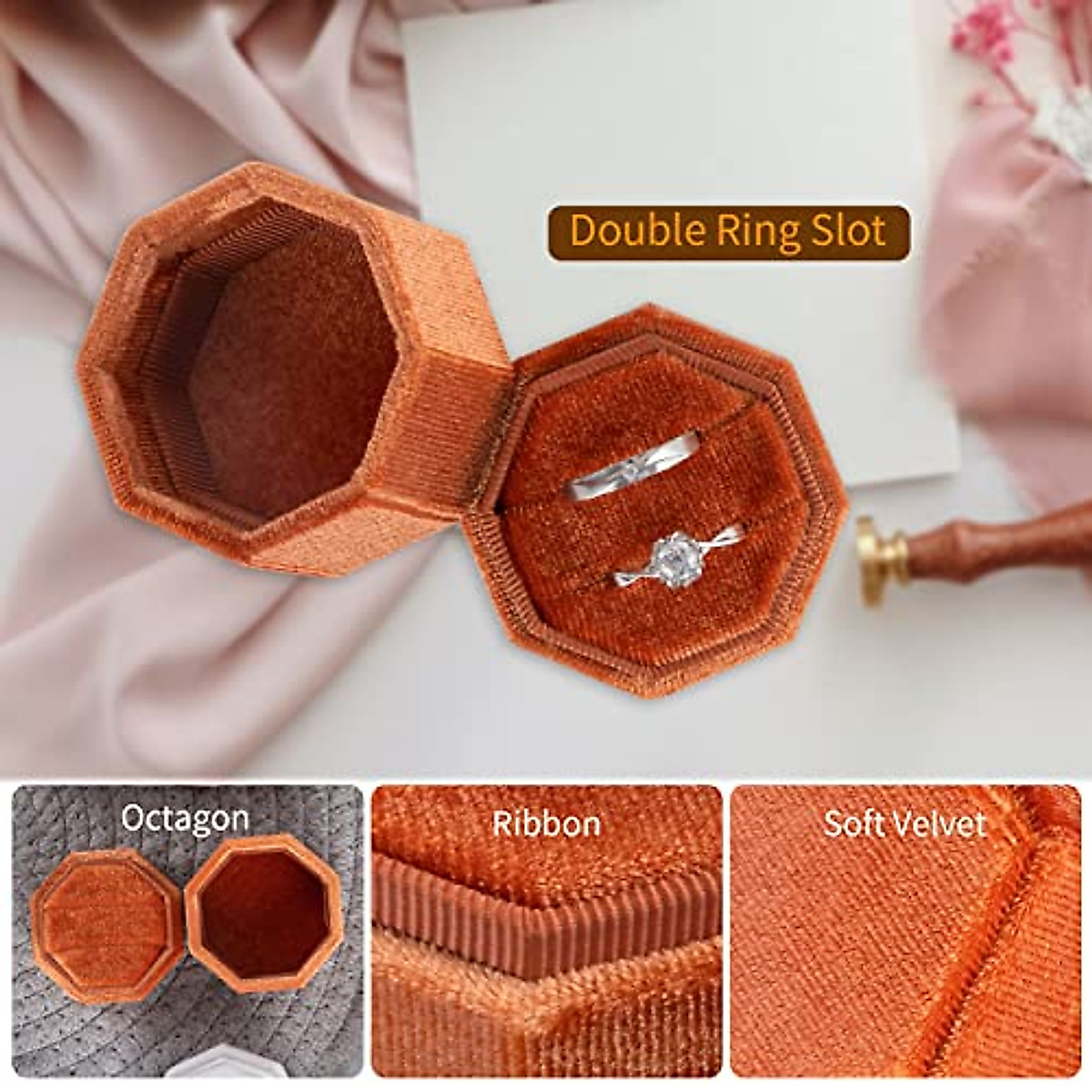 Smileshe Ring Box, Velvet Jewelry Boxes for Proposal Engagement Wedding Ceremony,Octagon Mini Double Ring Slot Bearer Case with Detachable Lid