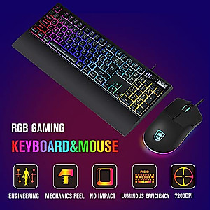 KOLMAX K3 RGB Gaming Keyboard and Mouse Combo,RGB Mechanical feel Gaming Keyboard with Ergonomic Detachable Wrist Rest, Programmable 7200 DPI RGB Gaming Mouse for Windows PC Mac Office/Gaming/Xbox/PS4