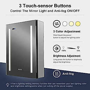 FRALIMK Recessed or Surface LED Medicine Cabinet, Lighted Mirror Cabinet with Lights, 24x30 in Bathroom Wall Cabinet with Defogger, Dimmer, Date/Time & Room Temp Display, 3X Makeup Mirror, Outlets