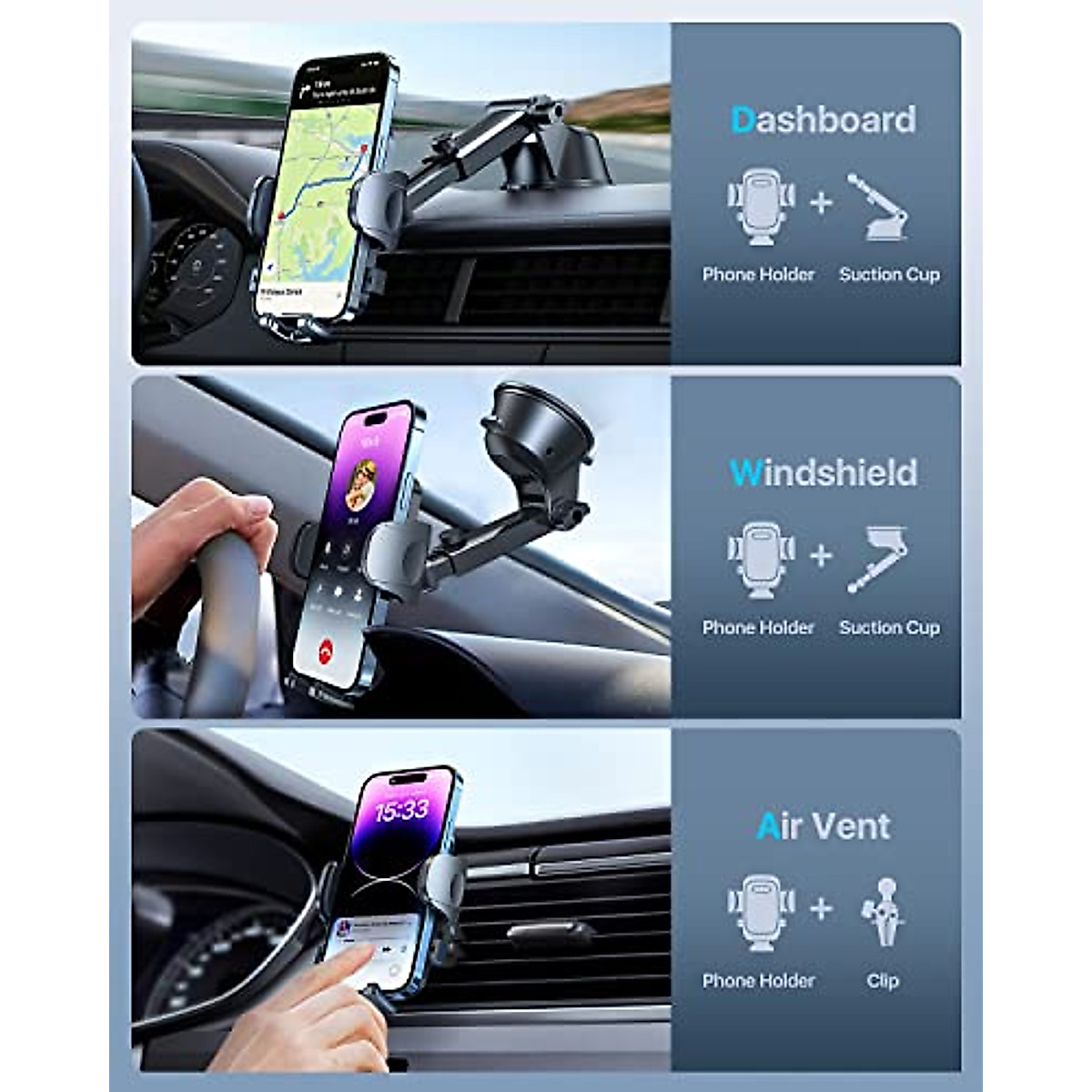 HTU Cell Phone Holder for Car [Powerful Suction Cup Never Fall] Universal Car Phone Holder Mount for Dashboard Windshield Air Vent Long Arm Cell Phone Car Mount Thick Case Heavy Phones Friendly