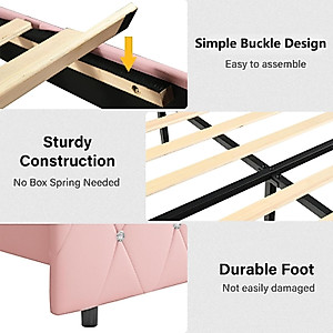 Twin Bed Frame, Upholstered Platform Bed with Diamond Button Tufted Headboard, Girls Twin Bed Fame, Princess Bed Frame with Crystal Tufted Headboard, Wooden Slats Support, Easy Assembly, Pink