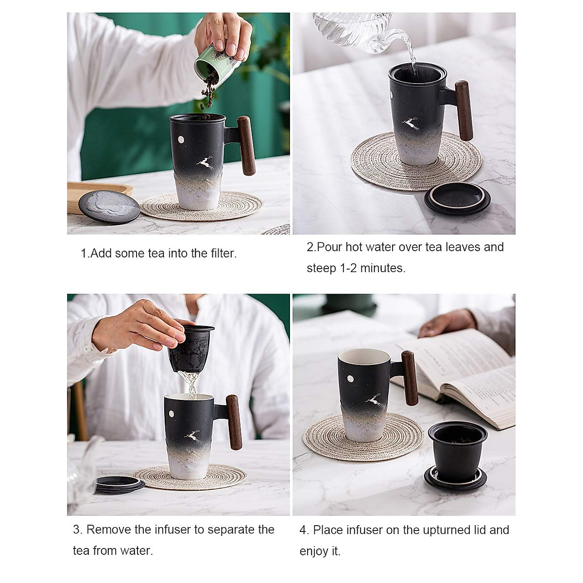 TANG PIN Moonlight Deer Ceramic Tea Cup with Infuser and Wooden Handle Steeping Mug 13.5 OZ (Black&White)