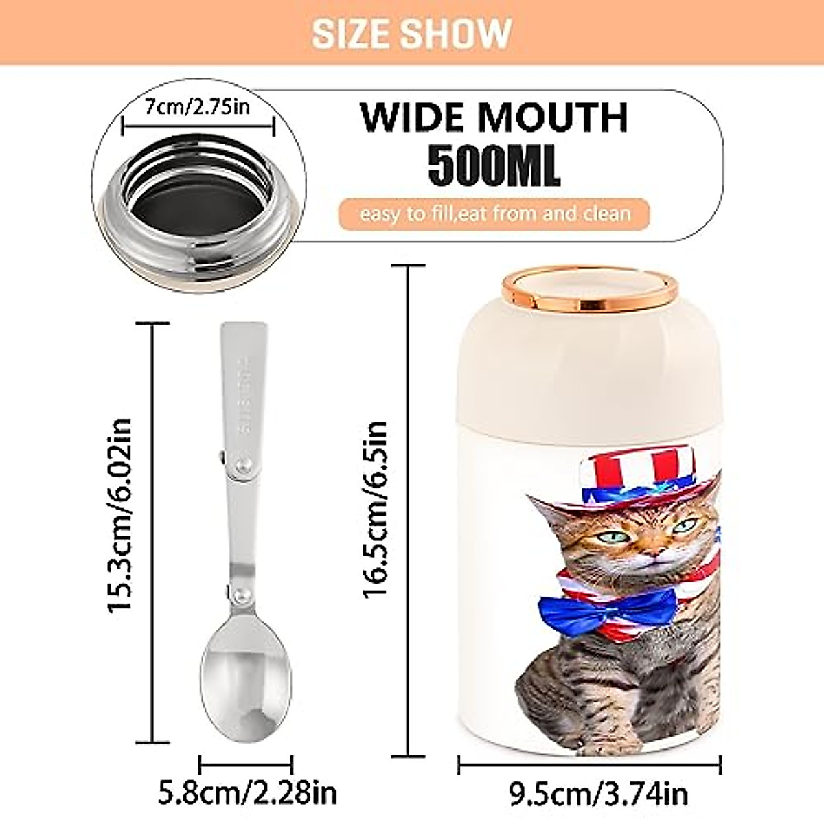 CUPADA Patriotic Cat Food Jar, 4th Of July Insulated Hot Food Jars Vacuum 17OZ with Folding Spoon for Work Trip Picnic Camping