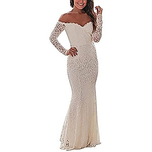 BeneGreat Women's Long Sleeve Elegant Lace Evening Mermaid Maxi Foraml Party Wedding Dress White