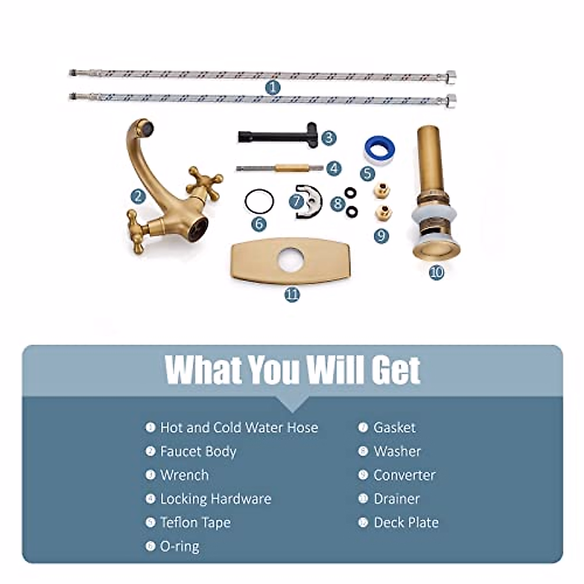 Aolemi Bathroom Sink Faucet Antique Brass Single Hole Cold and Hot Double Handle Cross Knobs Vanity Vessel Sink Basin Mixer Tap with Pop Up Drain with Overflow and Deck Cover Plate